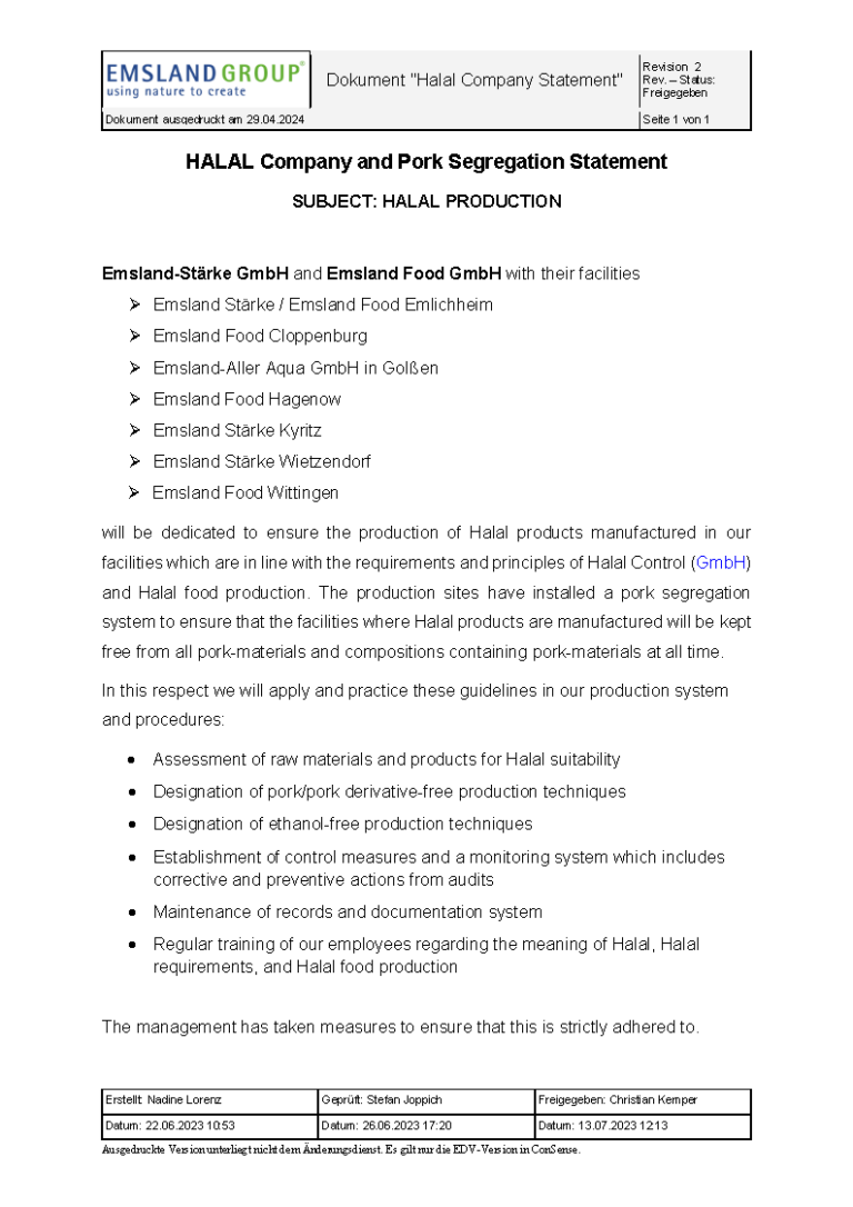 Halal Company Statement - Emsland Group