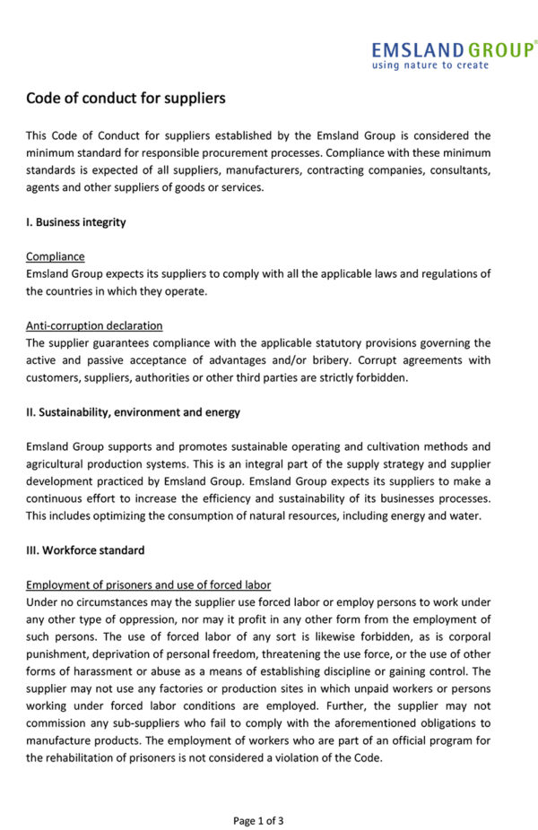 Code of conduct for suppliers - Emsland Group