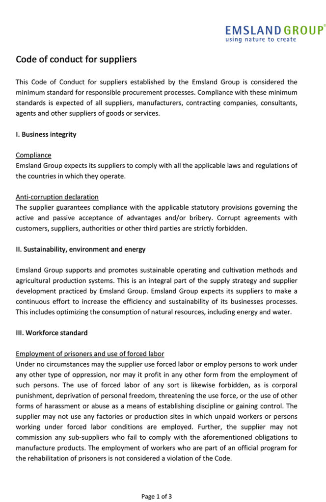 Code of conduct for suppliers - Emsland Group